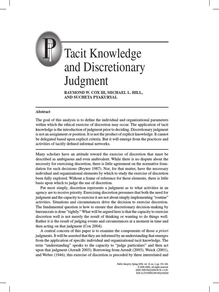 2008 Cox, Hill - Tacit Knowledge and Discretionary Judgment | PDF ...