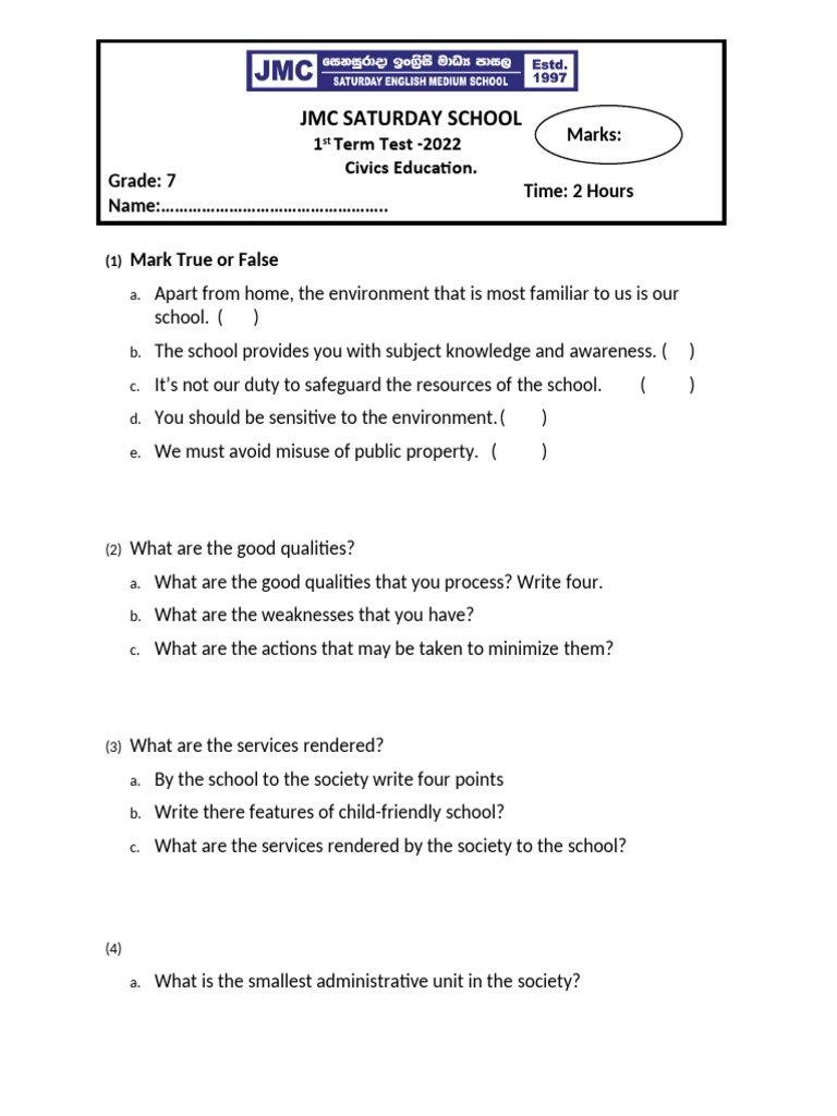 Civics Education Test for Grade 7 | PDF