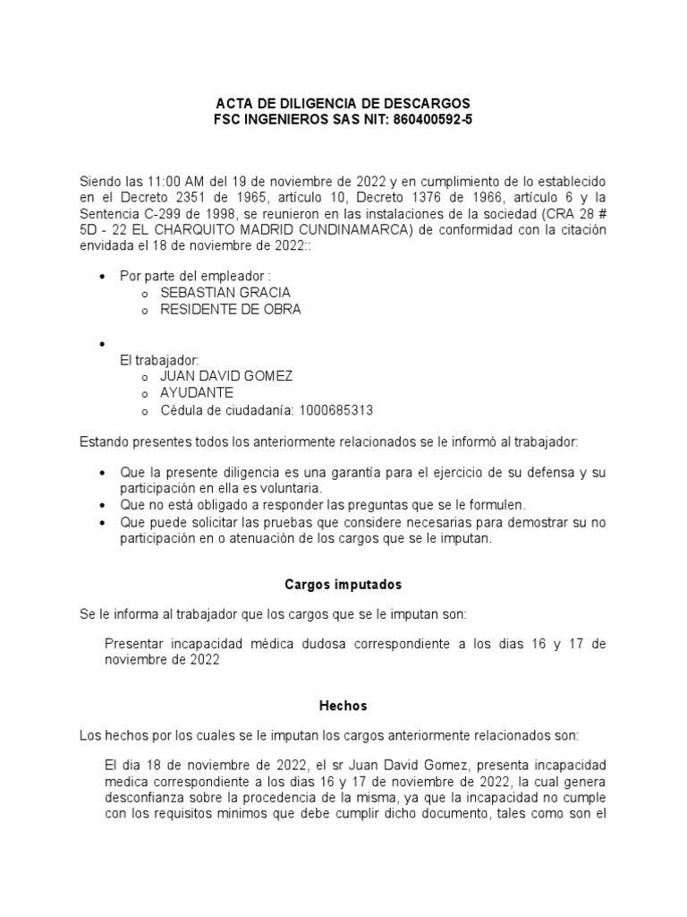 Acta de Diligencia de Descargos | PDF | Negocios | Derecho