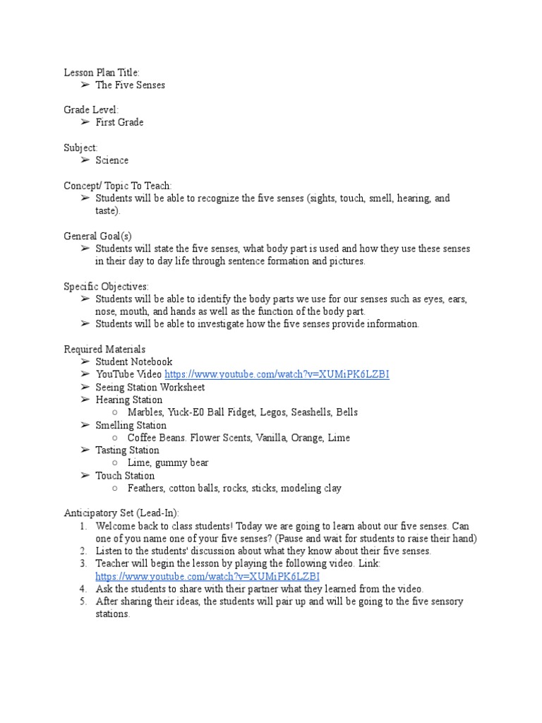 My Five Senses Lesson Plan | PDF | Senses | Lesson Plan
