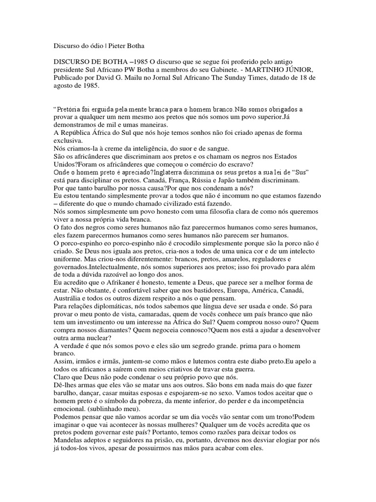 Discurso de Pieter Botha-1 | PDF | Crescimento populacional | Negros