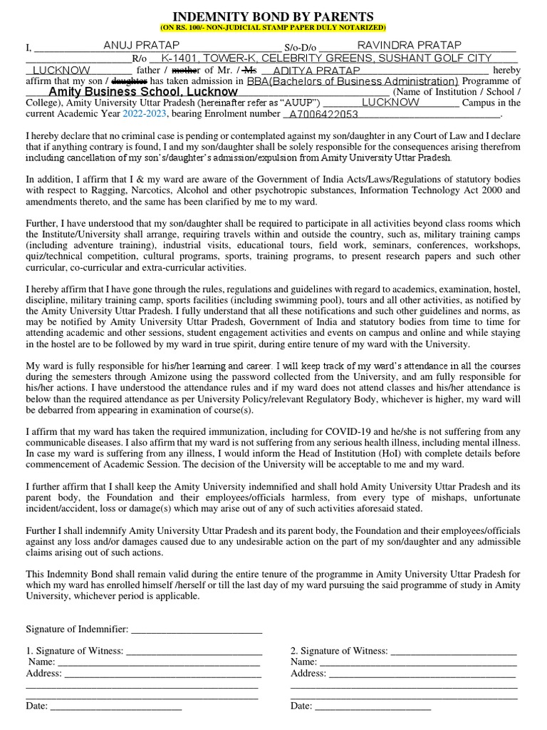 Indemnity bond by parents | PDF | Indemnity | Government