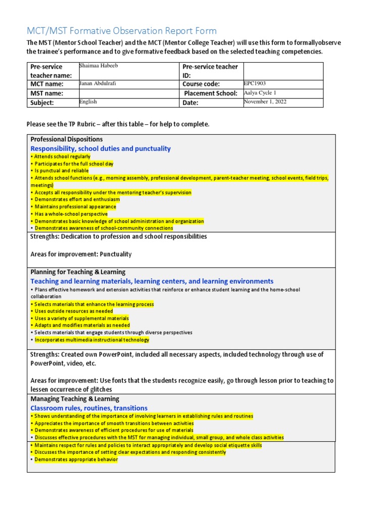 Formative Observation Report for Trainee Teacher | PDF | Teaching ...