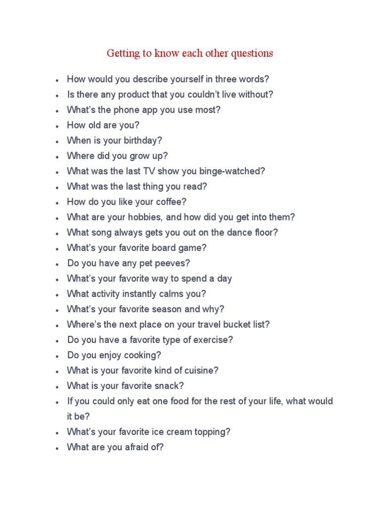 Getting To Know Each Other Questions | PDF