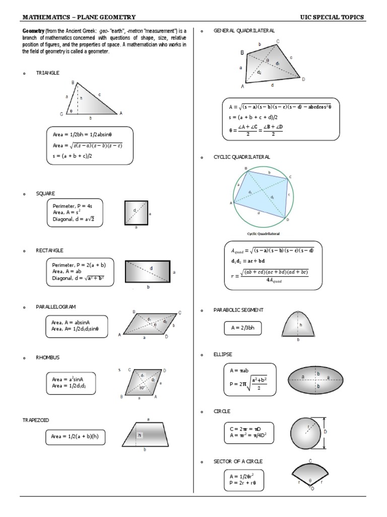 Plane Geometry Concepts and Formulas | PDF | Circle | Area