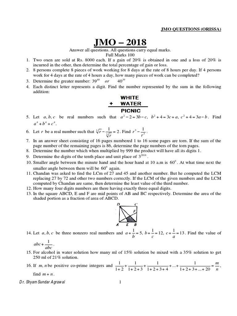 JMO 2018 Question Paper | PDF | Circle | Perpendicular