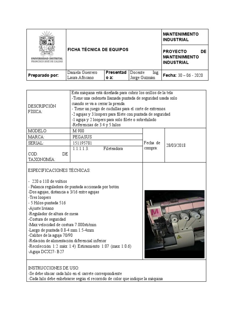 Formato De Ficha Tecnica De Una Maquina