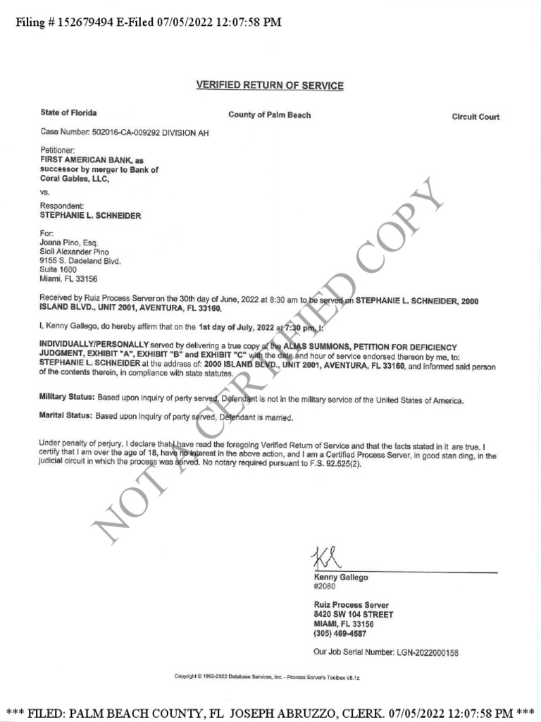1011 Verified Return of Service (Stephanie, Alias Summons) 152679494 ...