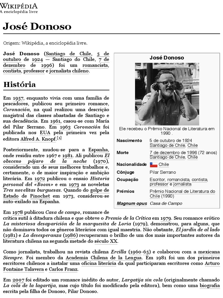 José Donoso - Wikipédia, A Enciclopédia Livre | PDF | Clássicos