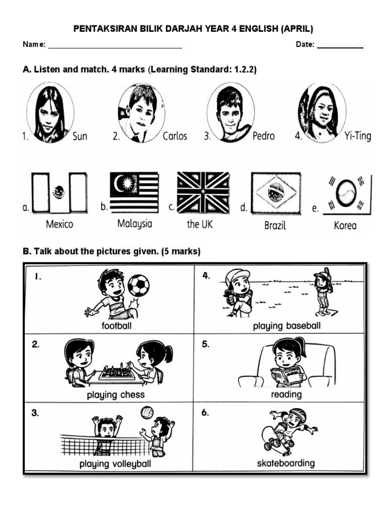 Pentaksiran Bilik Darjah Bulan April English Y4 | PDF | Language Arts & Discipline