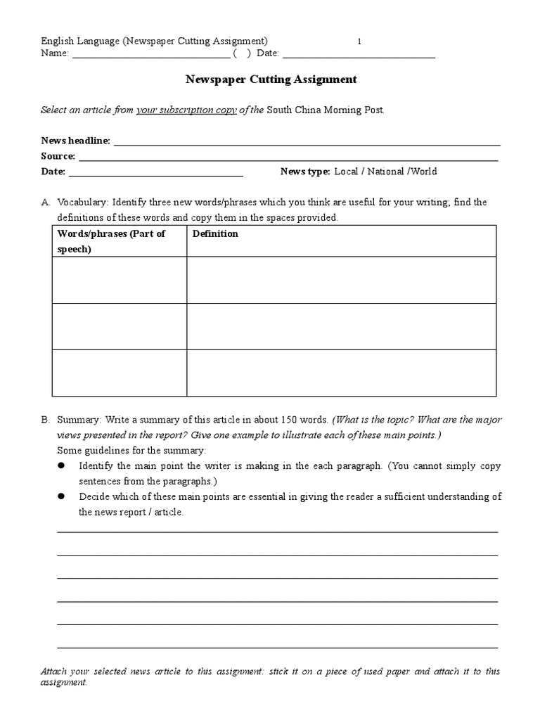 Newspaper Cutting Assignment Guide | PDF | News | Newspapers