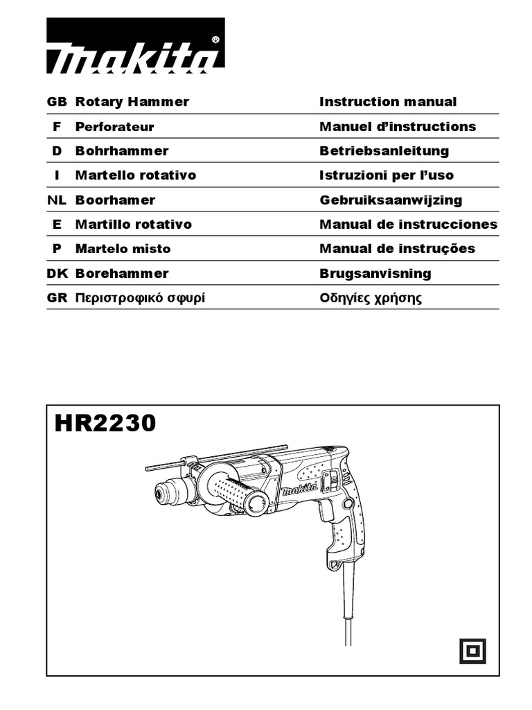 MANUAL Makita HR2230 Rotary Hammer | PDF | Drill | Drilling
