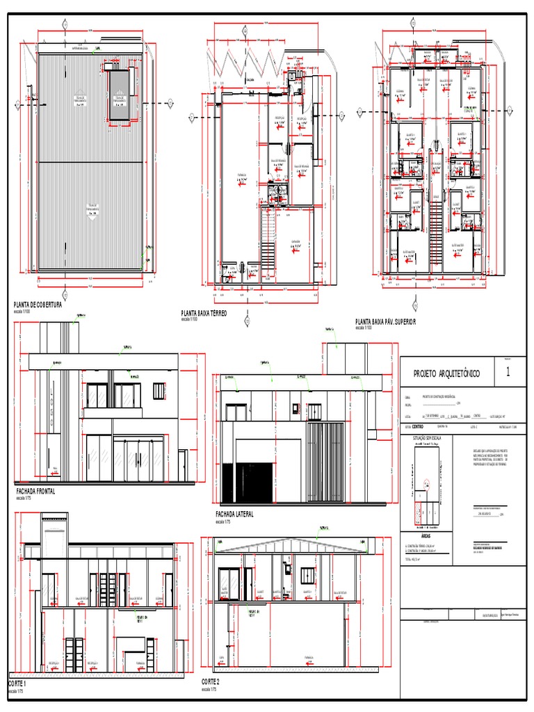Planta arquitetônica de residência unifamiliar com três pavimentos ...