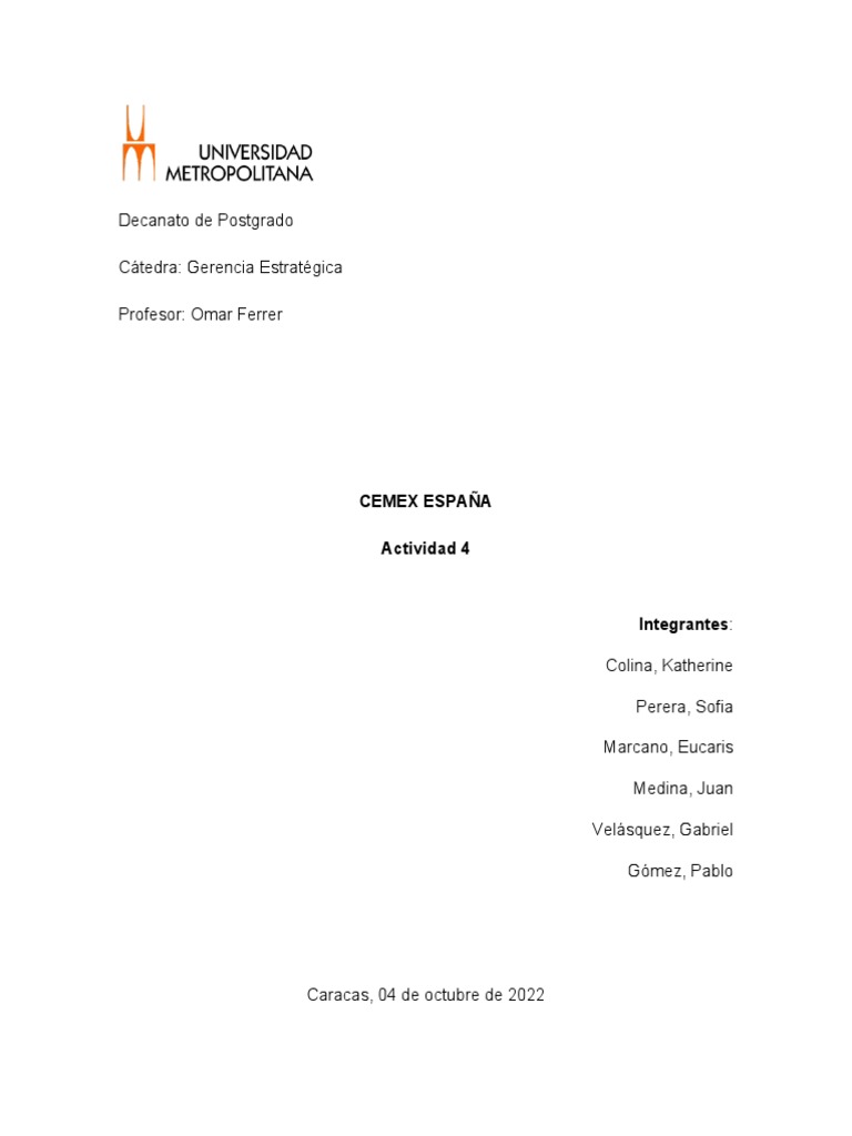 CEMEX España Actividad 4 | PDF | Análisis FODA | Calidad (comercial)