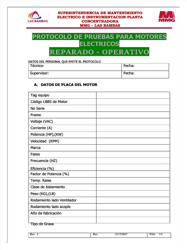 Protocolo de Pruebas para Motores Reparados | PDF | Cantidad | Metrología