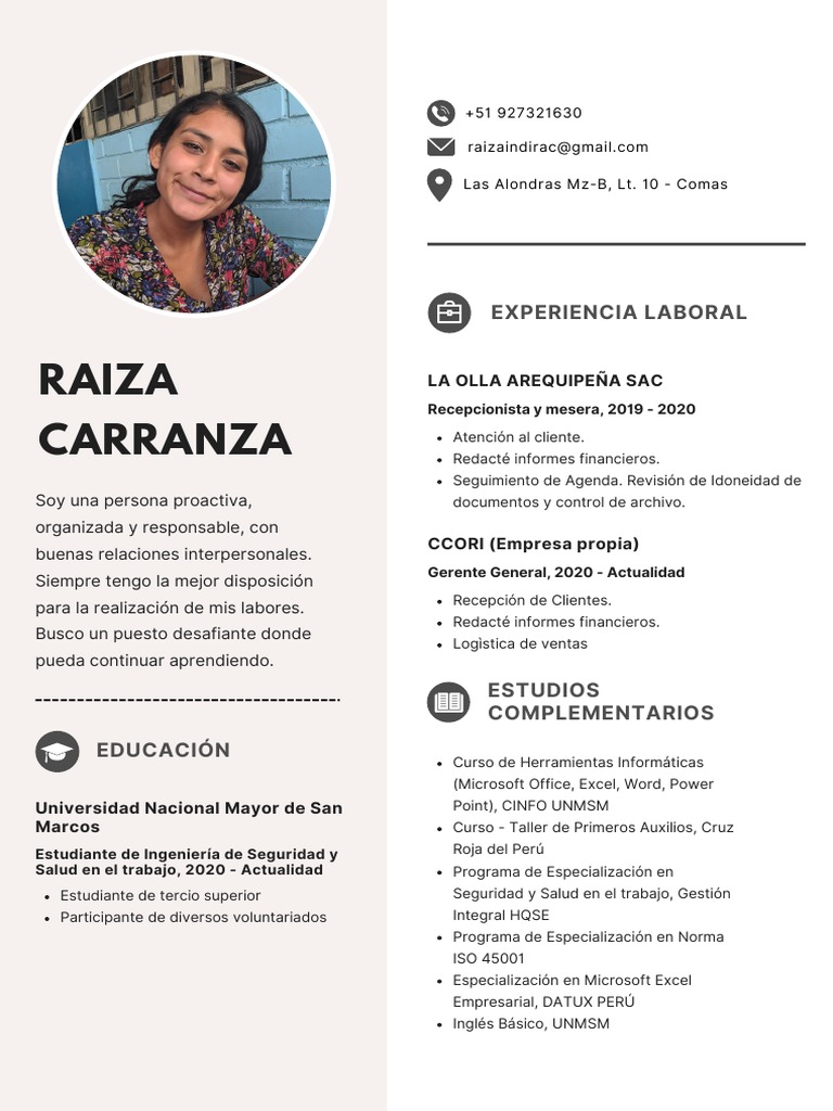 CV Con Foto Trabajo Formal Contadora Blanco y Beige | PDF | Microsoft | Logística