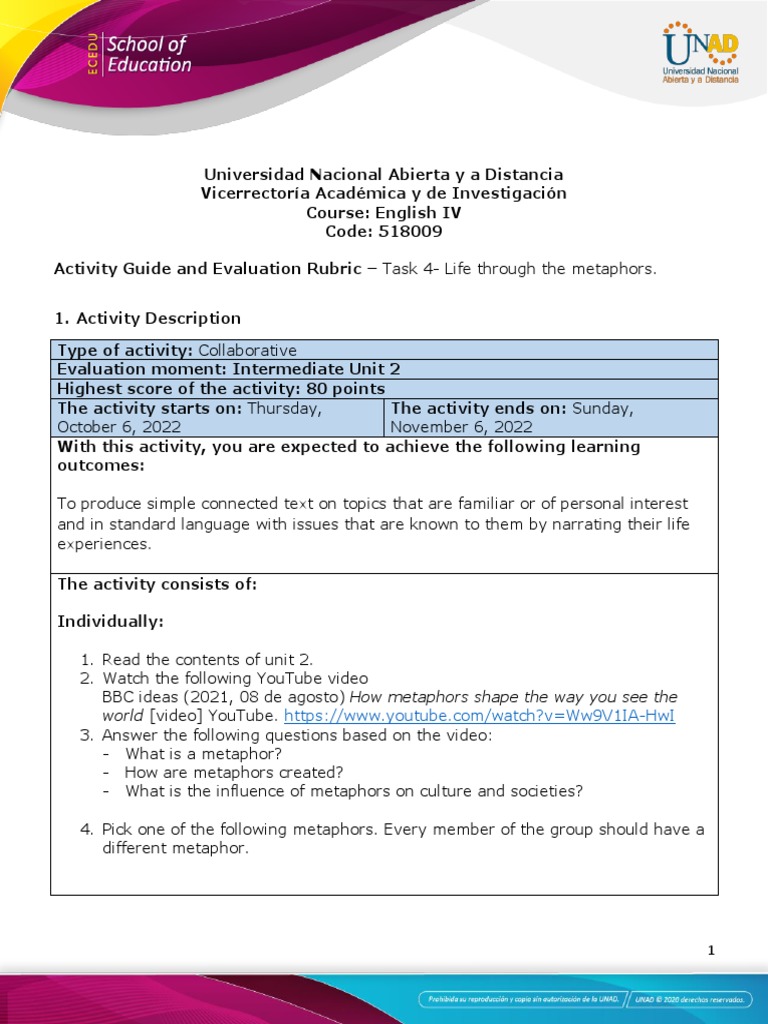 Activities Guide and Evaluation Rubric - Unit 2 - Task 4 - Life Through ...