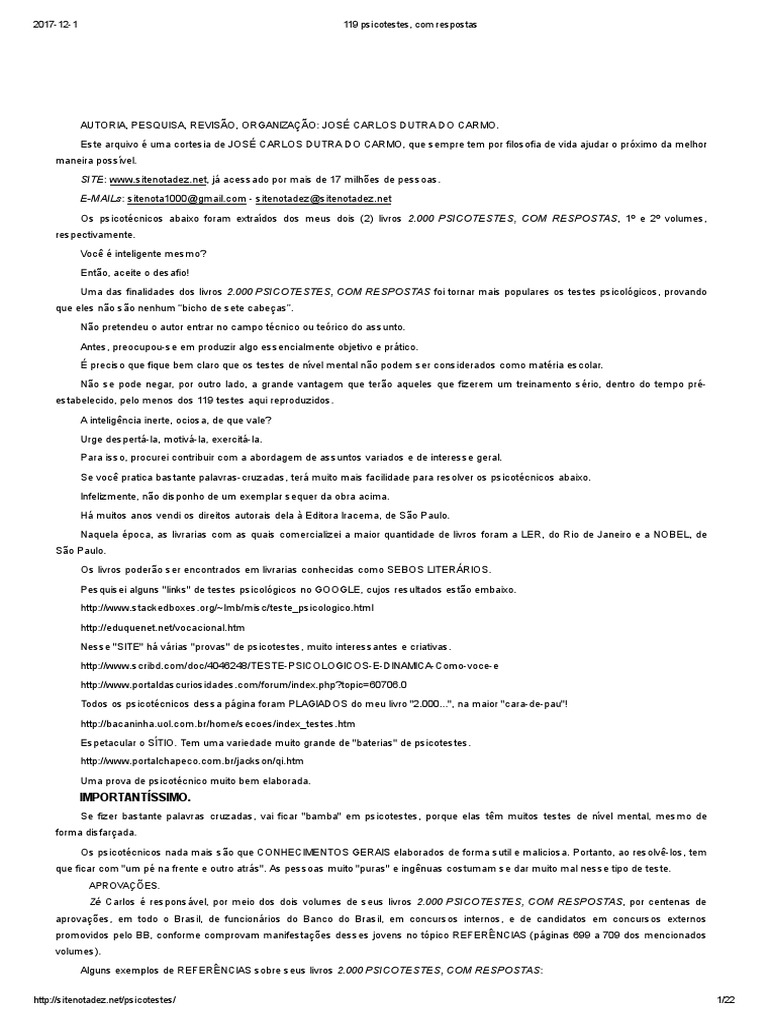 119 Psicotestes com Respostas | PDF | Psicologia | Livros