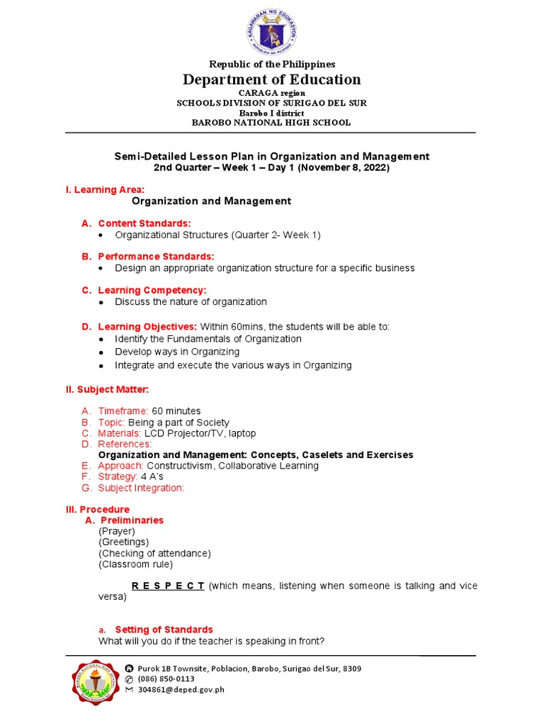 Lesson Plan: Organization & Management | PDF | Teachers | Education Theory