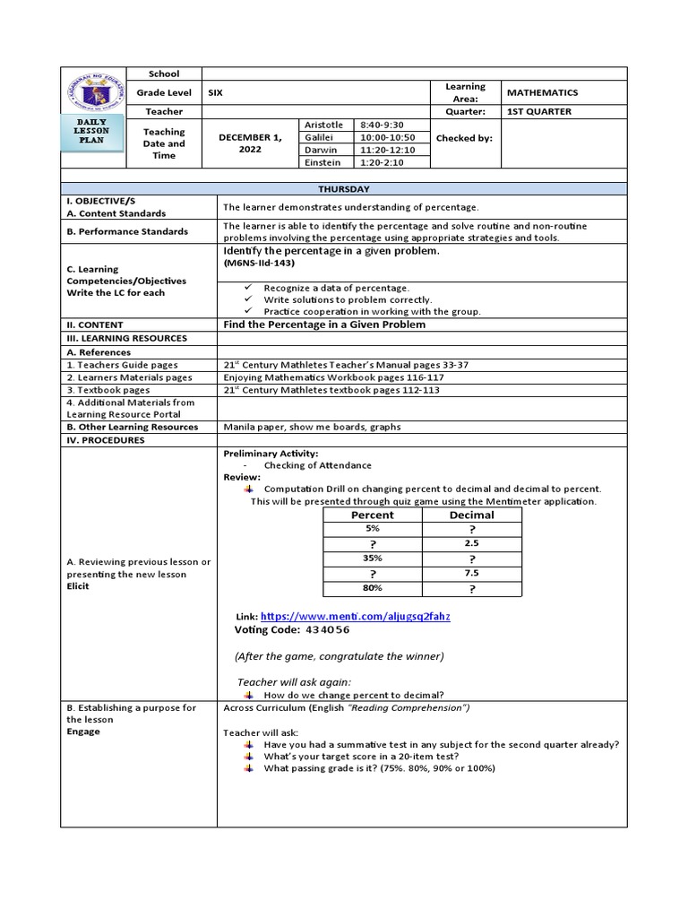 Math 6 Finding Percentage Pdf Percentage Learning