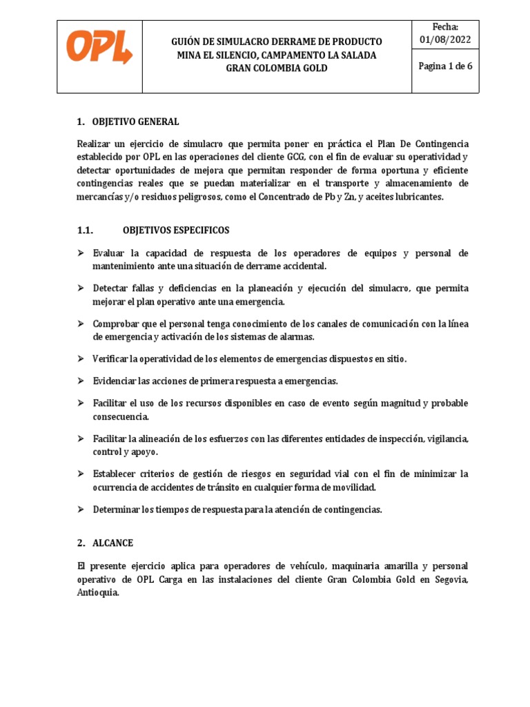 Guion Simulacro Opl Derrame | PDF | Transporte