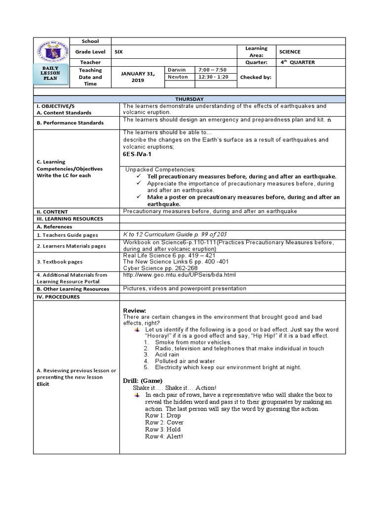 Science 6 DLP Earthquake | PDF | Learning | Earthquakes