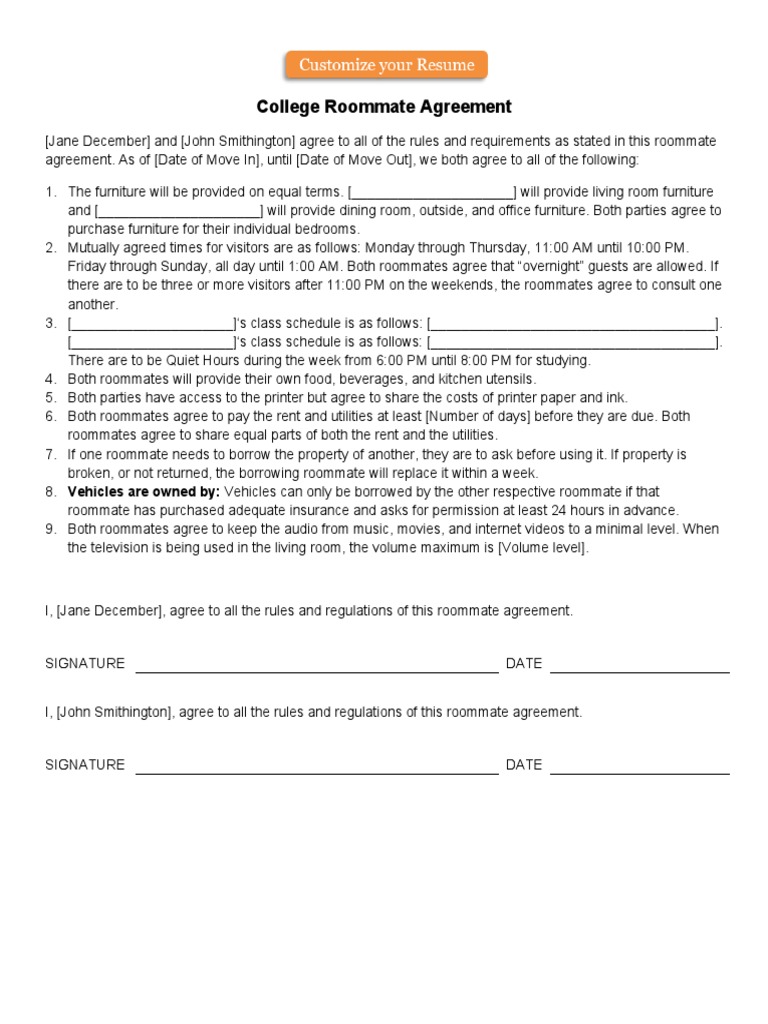 College Roommate Agreement | PDF | Roommate | Copyright