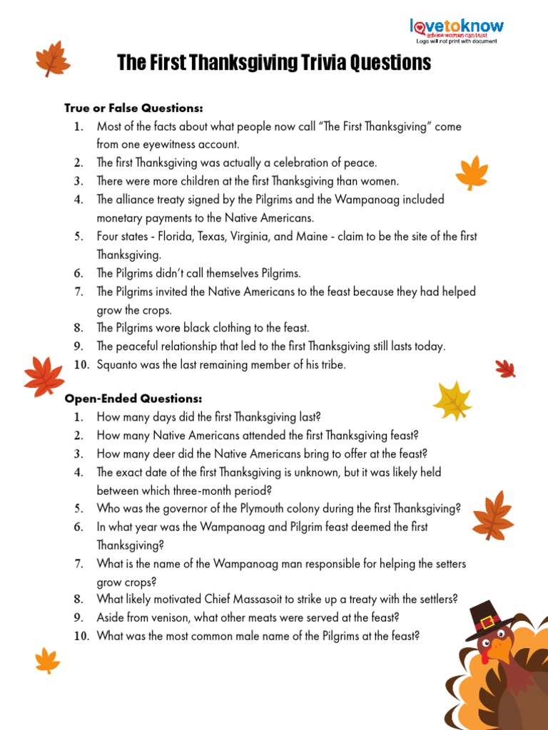 The First Thanksgiving Trivia | PDF | Thanksgiving | Colonial United ...