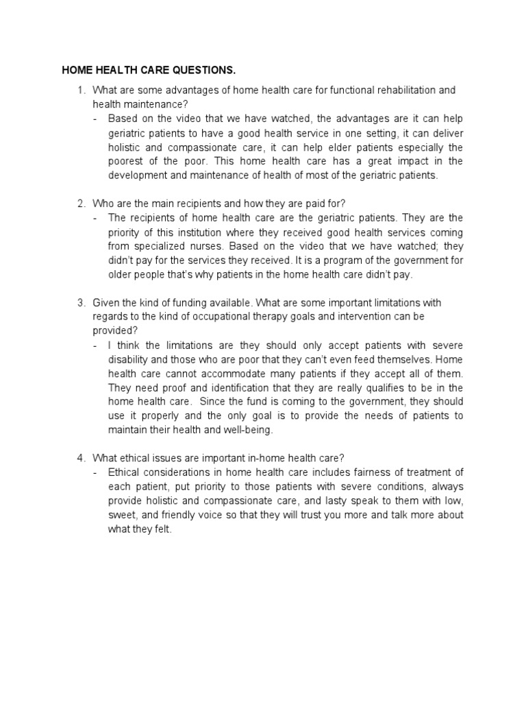 Home Health Care Questions | PDF | Self-Improvement | Wellness