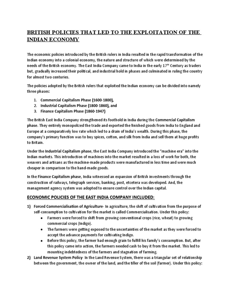 British Policies That Led To The Exploitation of The Indian Economy ...