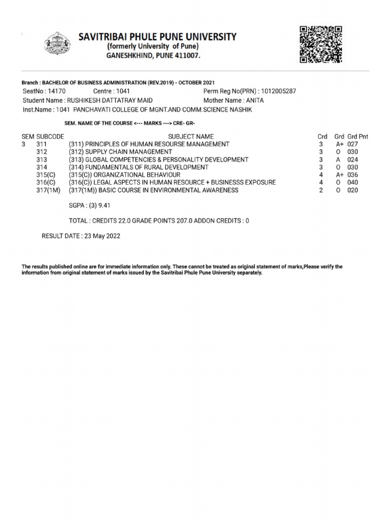 BBA 3rd Semester Result | PDF