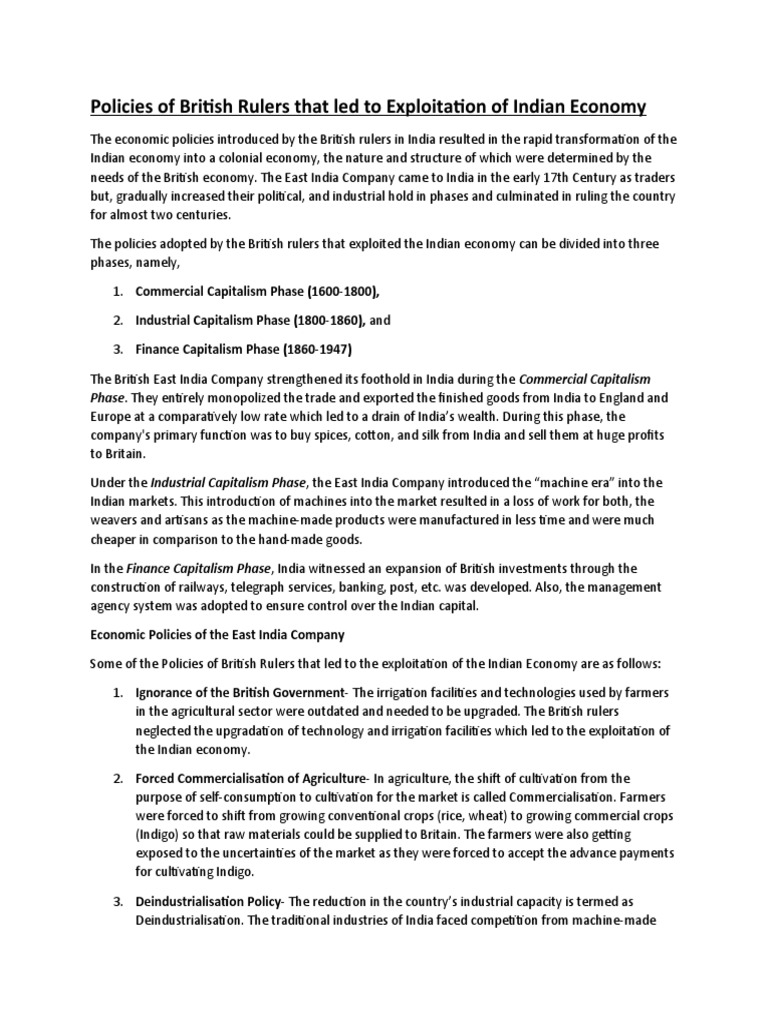 Policies of British Rulers That Led To Exploitation of Indian Economy ...