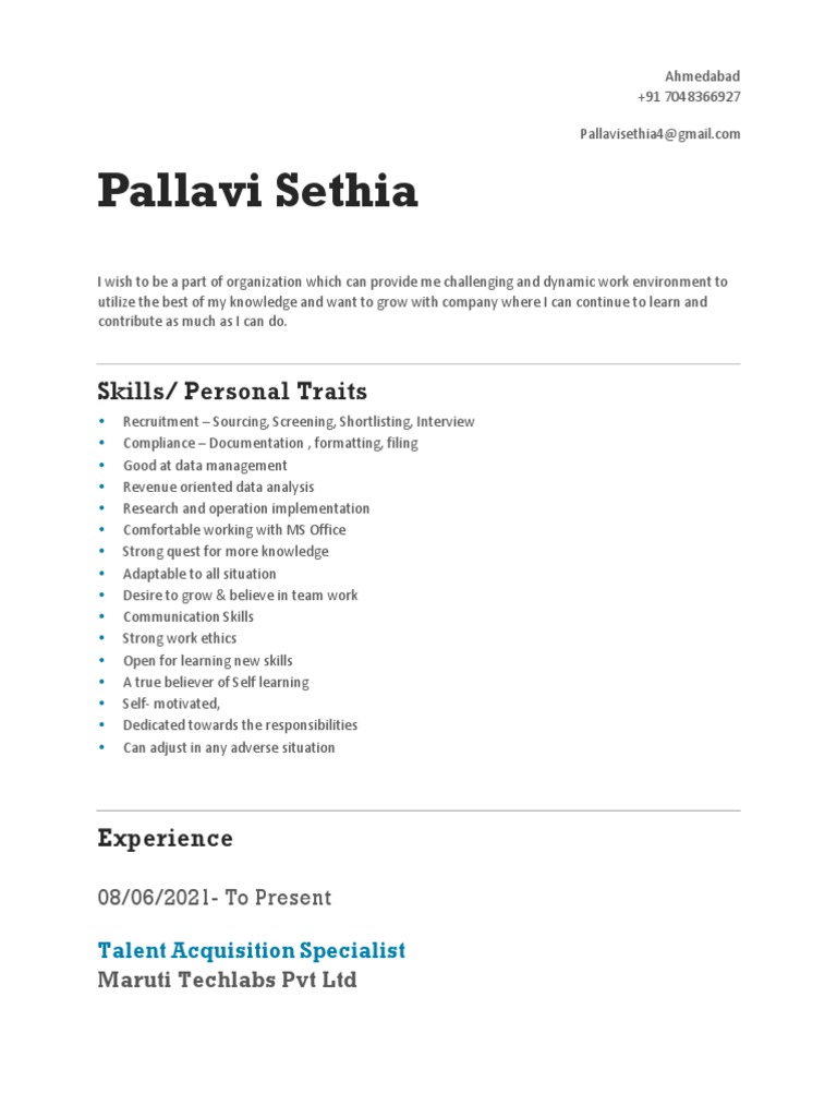 Pallavi Sethia - CV | PDF | Recruitment | Iso 9000
