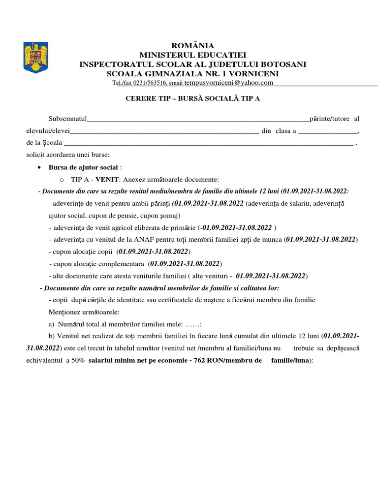 CERERE Bursa Sociala Tip A Venit 2022 | PDF