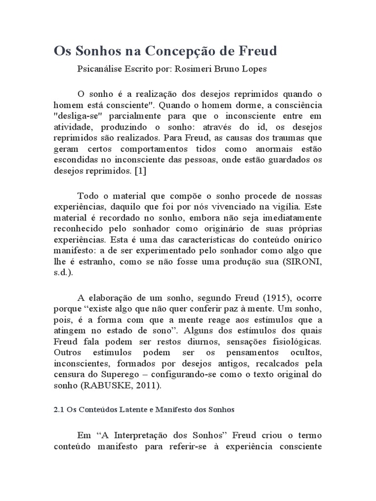 Os Sonhos Na Concepção De Freud Download Grátis Pdf Sonho Sigmund