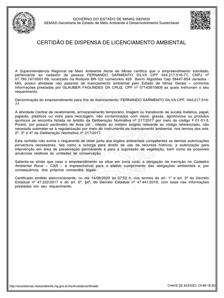 Certidão De Dispensa Ambiental 14 08 2020 Pdf