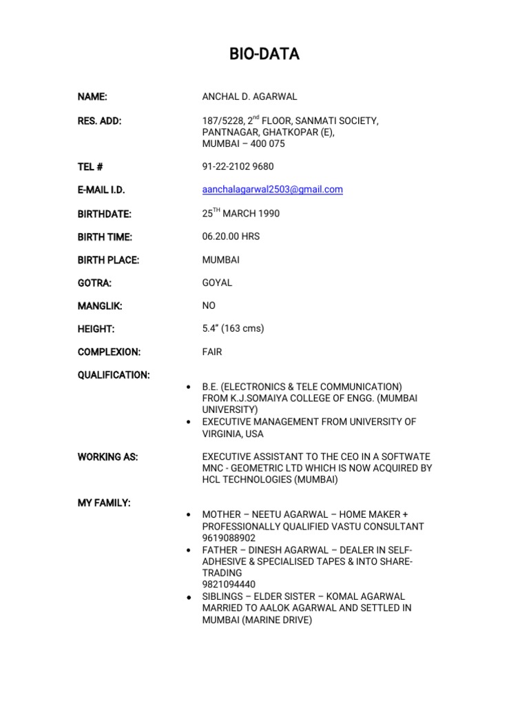 Biodata Anchal | PDF