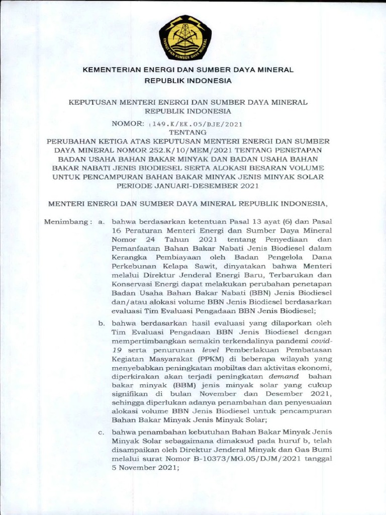 Kepmen ESDM No 149.K Tahun 2021 Terkait Perubahan Ketiga Atas Penetapan Alokasi Pengadaan ...