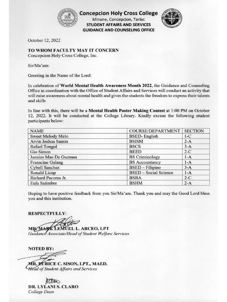 Student Participants Excuse Letter | PDF