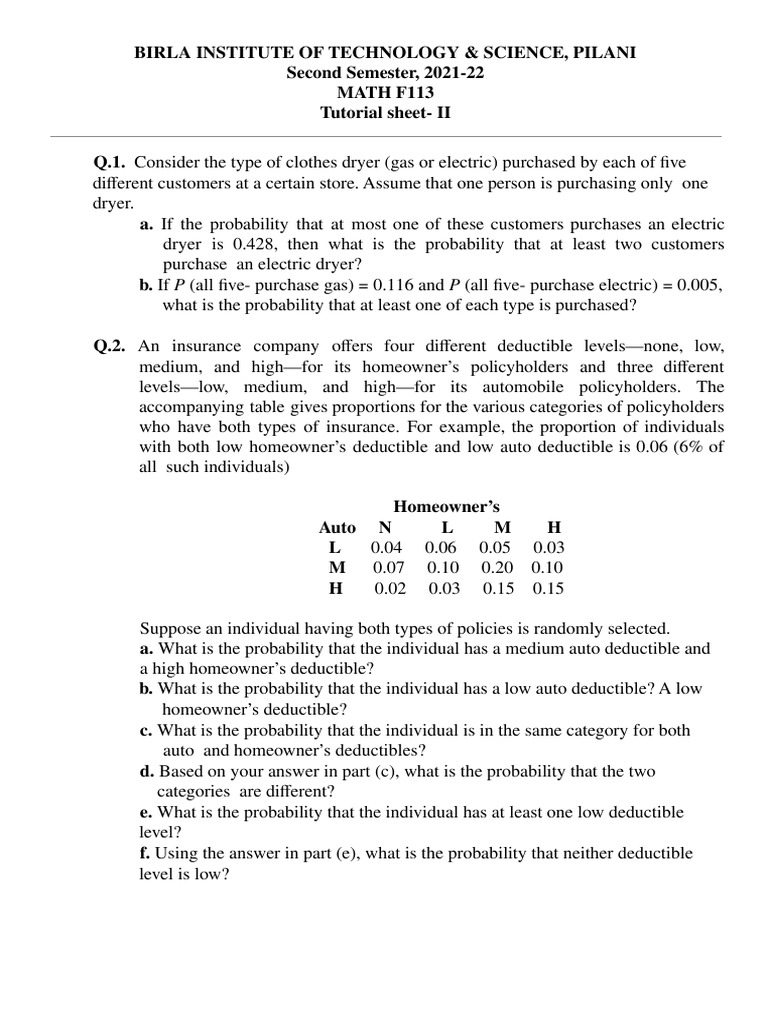 TutorialSheet 2 | PDF | Insurance | Probability