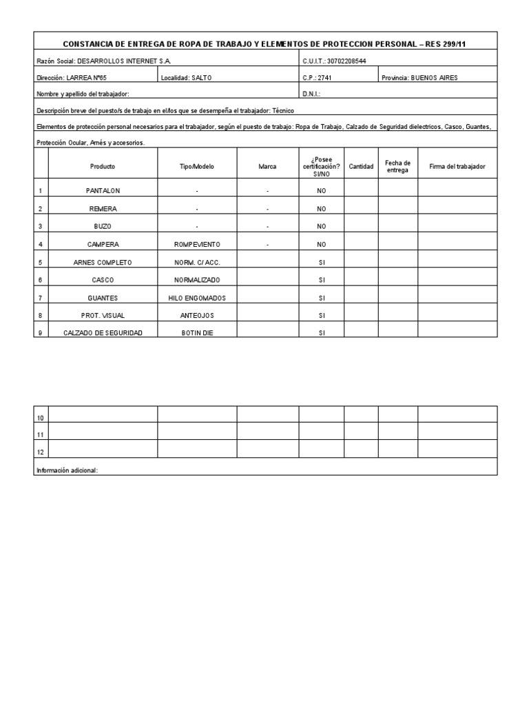 Planilla de EPP (Elementos de Protección Personal) | PDF