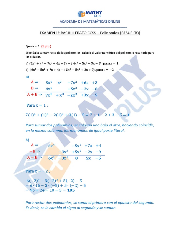 Examen Resuelto Matemáticas 1 Bachillerato CCSS - Polinomios | PDF | División (Matemáticas ...