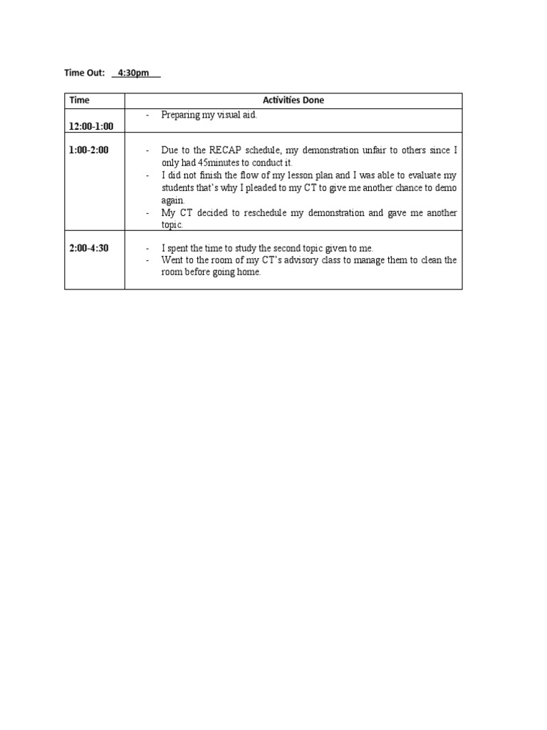 Time Out: 4:30pm Time Activities Done 12:00-1:00 1:00-2:00 | PDF