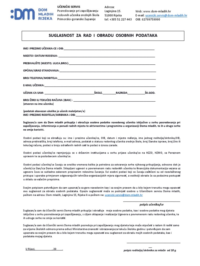 1 SUGLASNOST Za Obradu Osobnih Podataka I Rad Maloljetnika 2022 Original | PDF