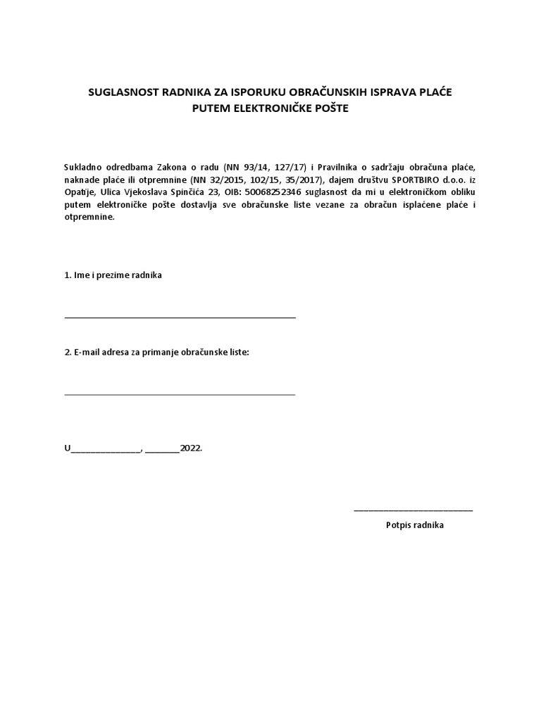 Suglasnost Za Primanje Platne Liste Putem E-Maila - Docx Â Verzija 1 | PDF