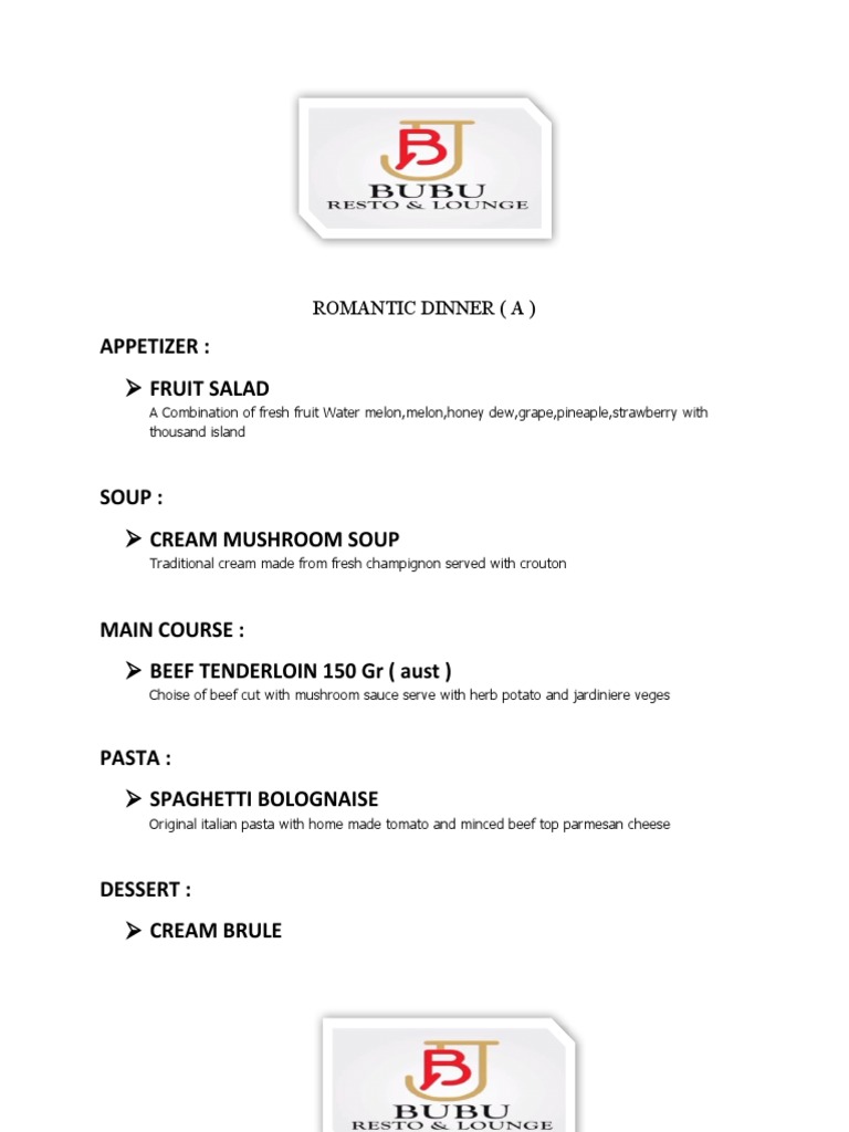 Romantic Dinner Menu Options | PDF