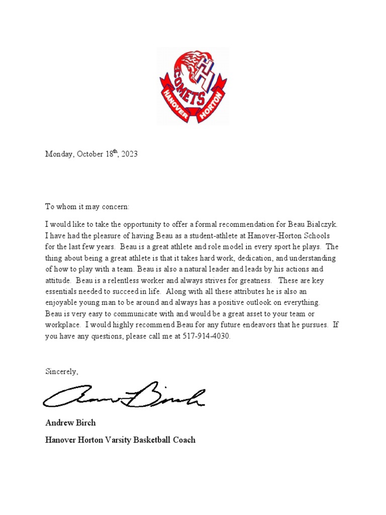 Letter of Rec Beau Andrew Birch | PDF | Sports & Recreation | Self ...
