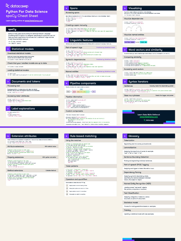 SpaCy Cheat Sheet Advanced NLP in Python | PDF