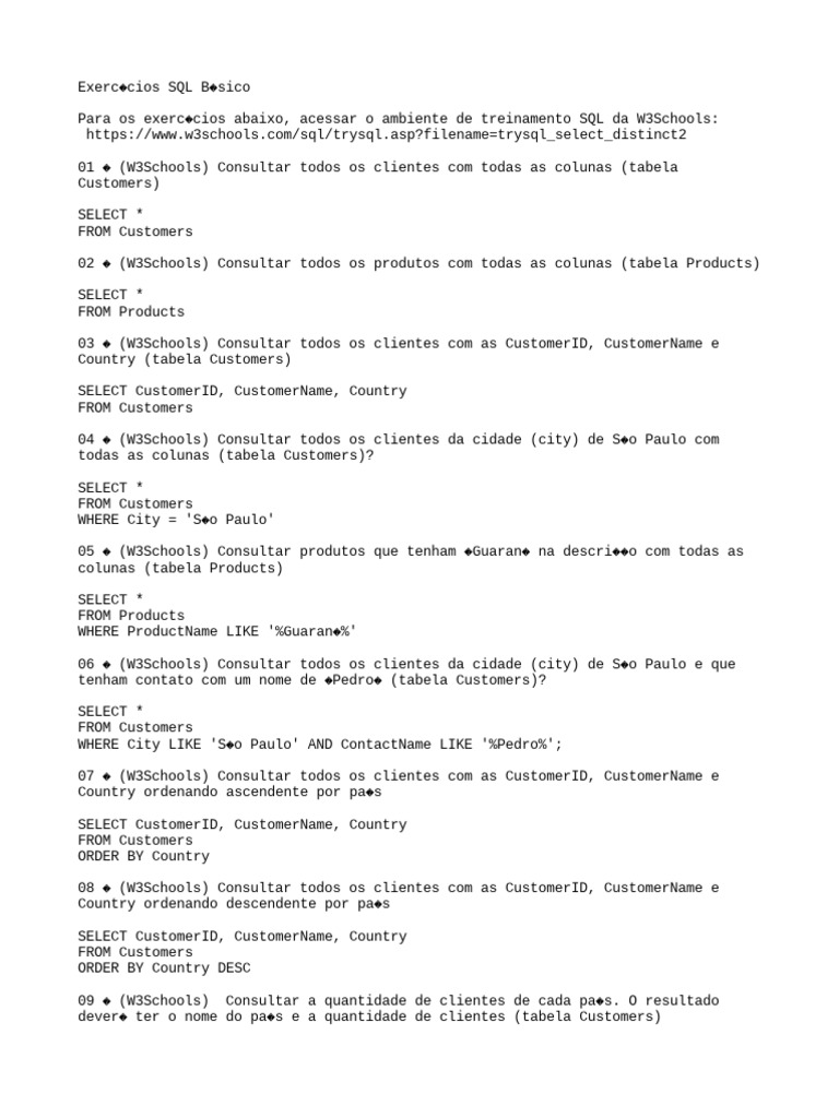 SQL Básico - Exercicios Complementares | PDF | Bancos de dados | SQL
