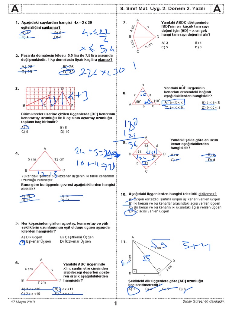 8 Sinif Matematik 2 Donem 2 Yazili Uyga | PDF